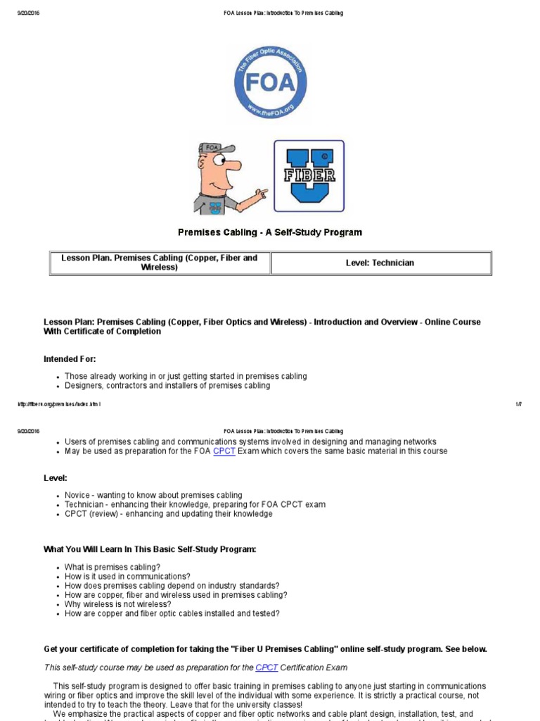 FOA Lesson Plan - Introduction To Premises Cabling | PDF | Lesson Plan ...
