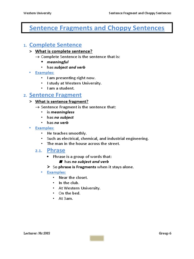 Sentence Fragments and Choppy Sentences | PDF | Grammar | Sentence ...