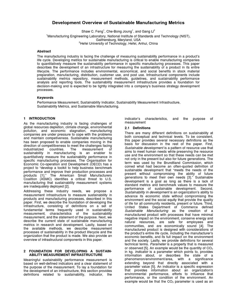 Sustainable Manufacturing Metrics Development | PDF | Life Cycle ...