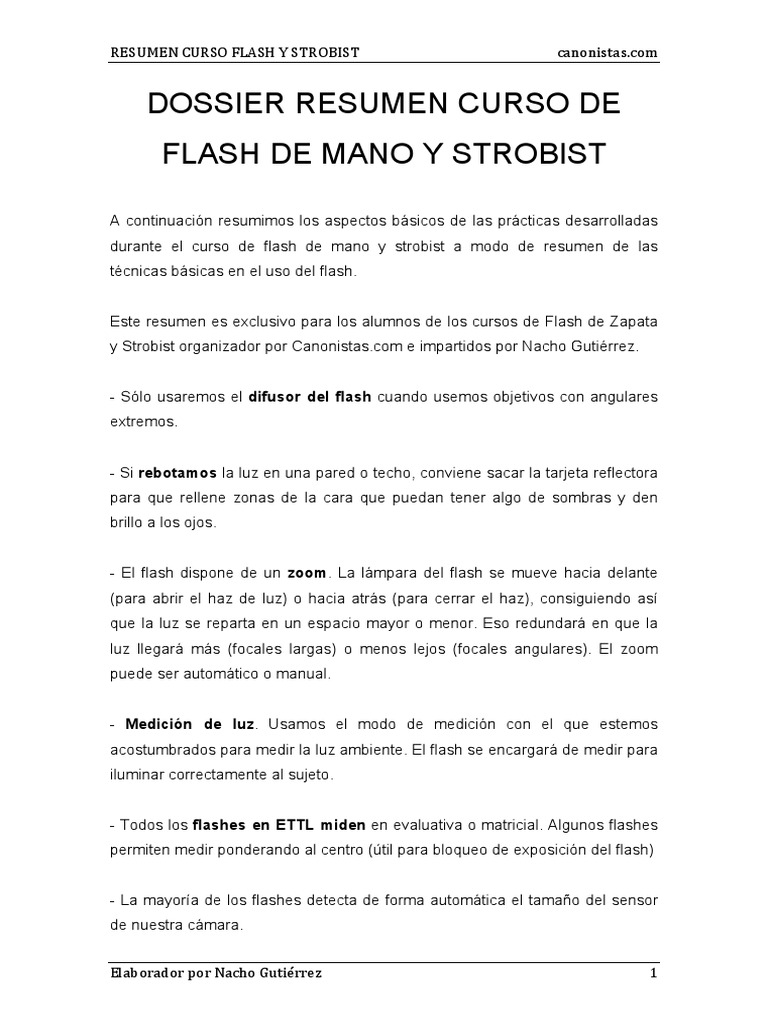 Dossier Curso de Flash de Mano y Strobist PDF | PDF | Flash (fotografía) | Velocidad de obturación