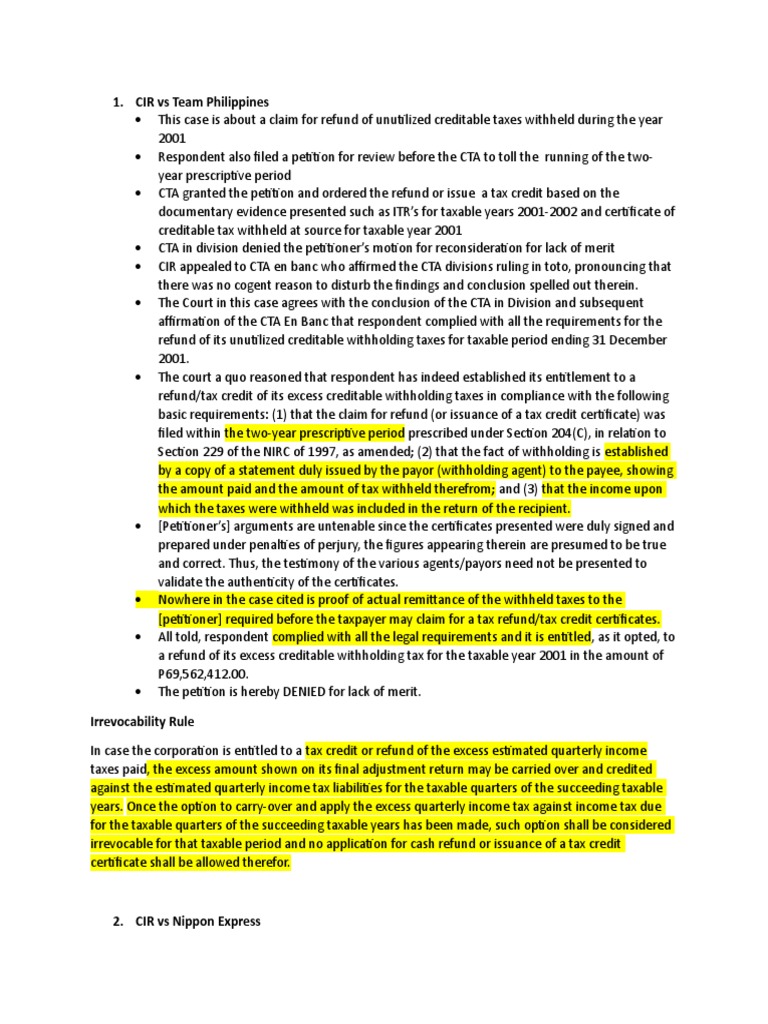 Analysis of Tax Refund Cases Involving the CIR and Various Taxpayers ...