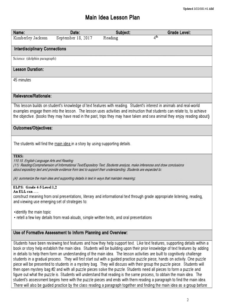 Main Idea Lesson Plan: Teks | Download Free PDF | Educational ...