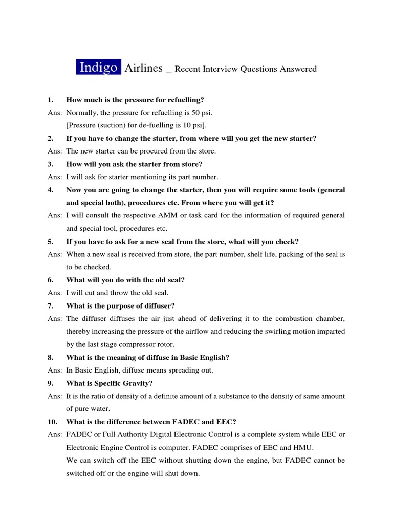 Indigo's Recent Interview Questions Answered | PDF | Torque | Flight