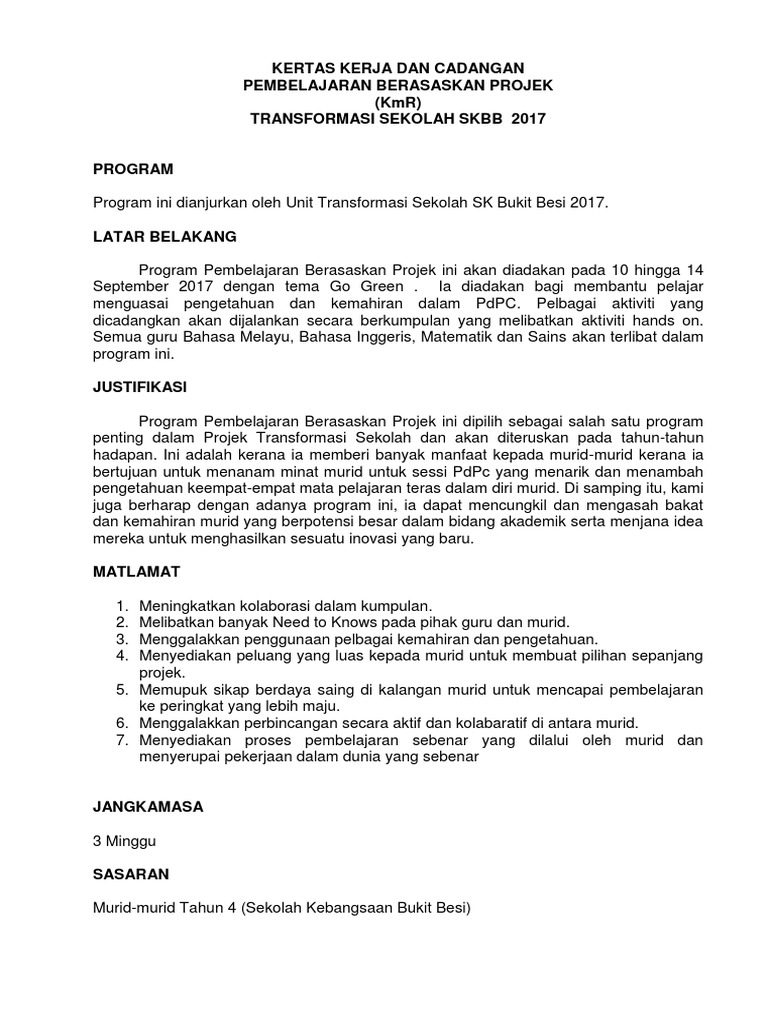 Kertas Kerja Pembelajaran PBL SKBB 2017 | PDF | Karier & Perkembangan ...