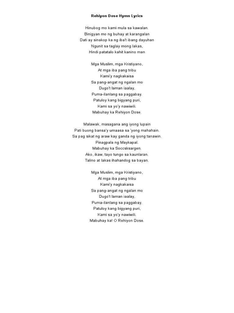 Rehiyon Dose Hymn Lyrics