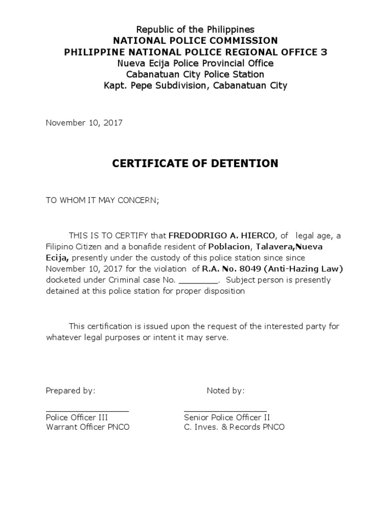 Cert of Detention | PDF
