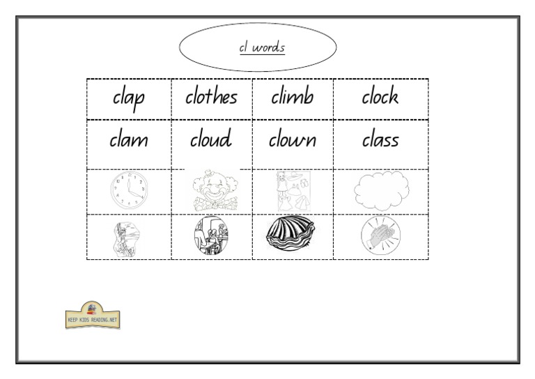 Clap Clothes Climb Clock Clam Cloud Clown Class: CL Words | PDF