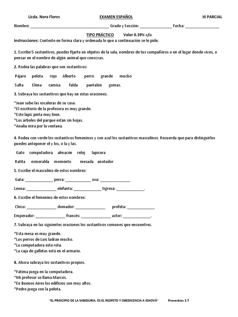 Examen Español III Parcial | PDF | Sustantivo