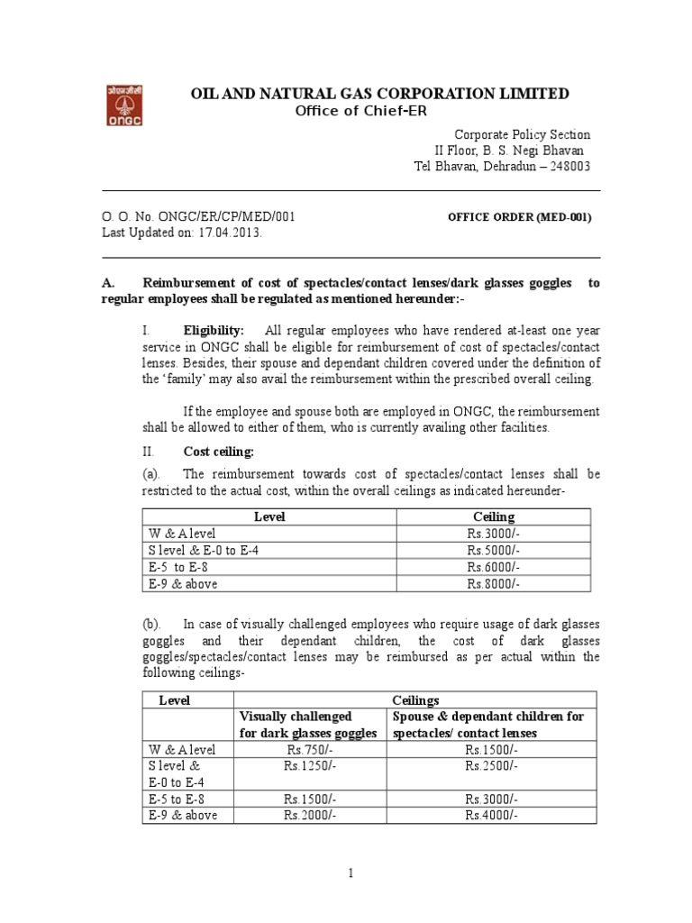 Reimbursement of Cost of Spectacles Contact Lense | PDF | Glasses ...