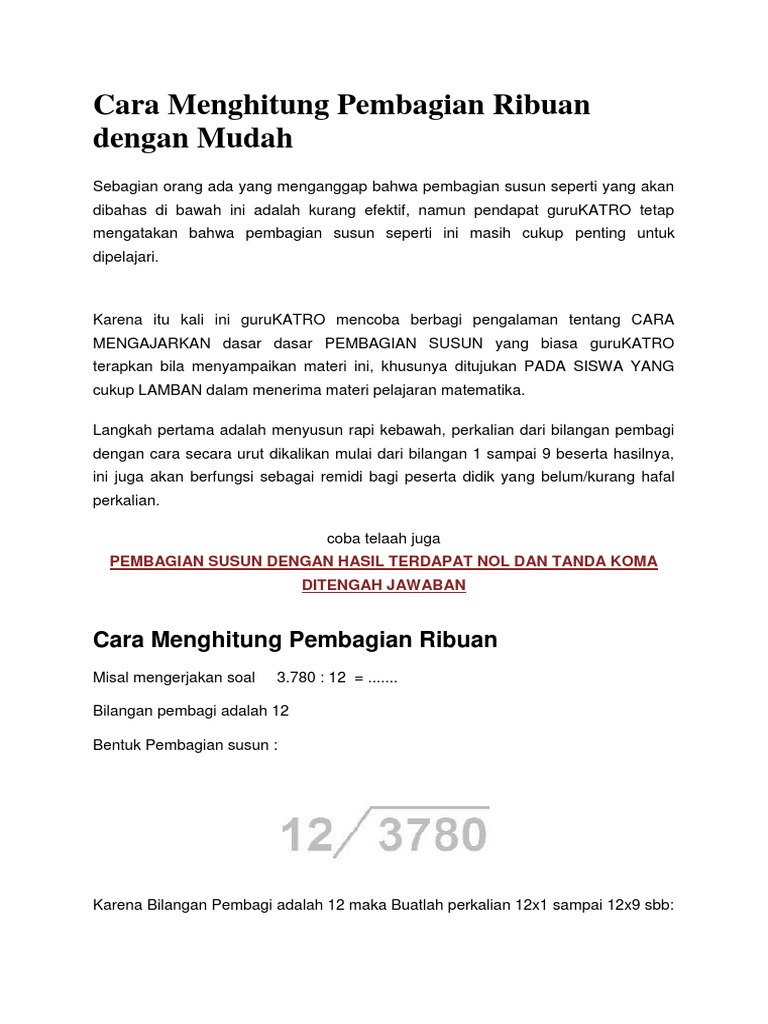 Cara Menghitung Pembagian Ribuan Dengan Mudah | PDF