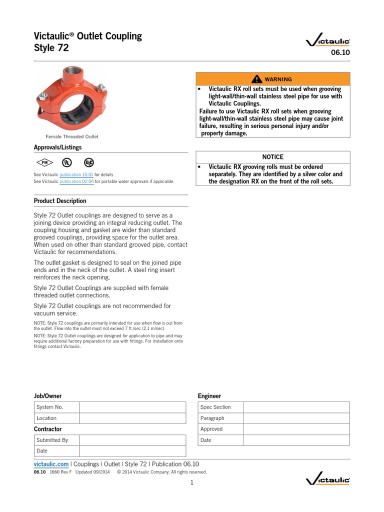 Victaulic Outlet Coupling Style 72 | PDF | Pipe (Fluid Conveyance) | Screw