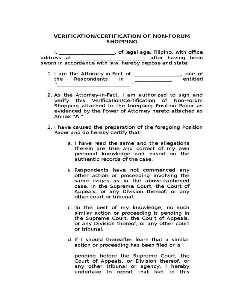 Verification/Certification of Non-Forum Shopping | PDF | Authentication | Common Law