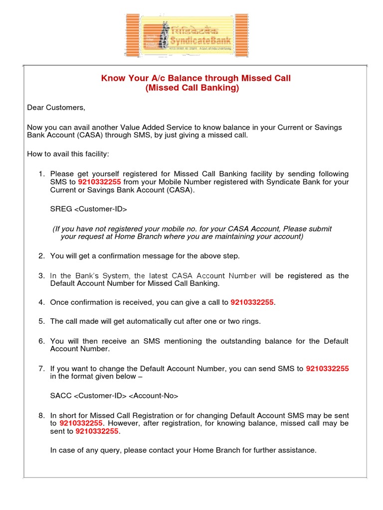 Check Syndicate Bank Balance via Missed Call | PDF | Mobile Technology ...