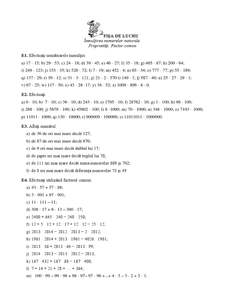 Inmultirea Numerelor Naturale. Proprietati. Factor Comun | PDF