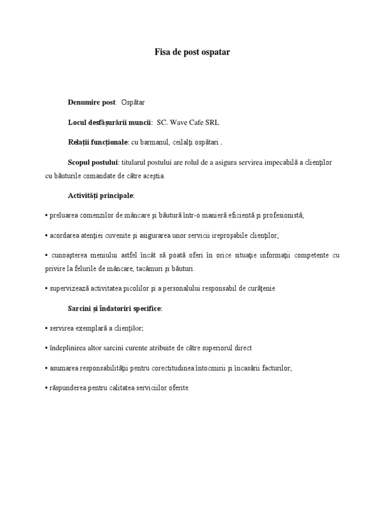 Fisa de Post Ospatar | PDF