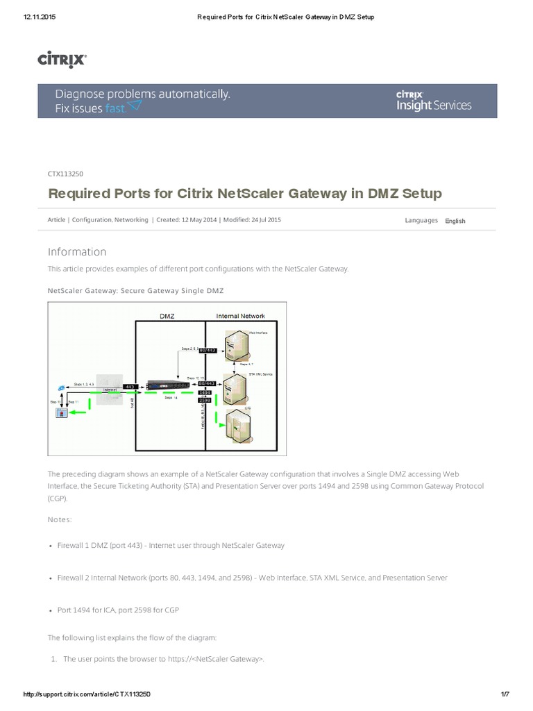 1 - Required Ports For Citrix NetScaler Gateway in DMZ Setup | PDF | Proxy Server | Port ...