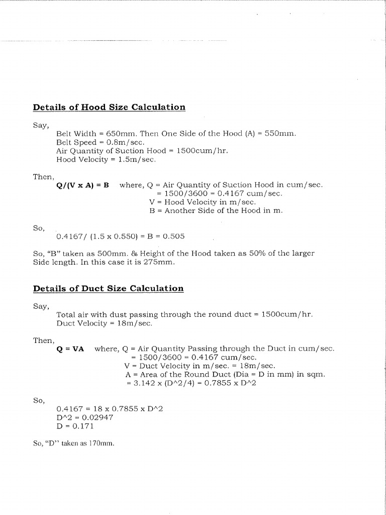 Dedusting Hood Size Calc. | PDF