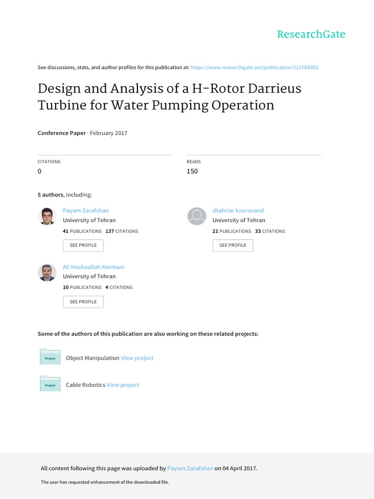 Design and Analysis of A H-Rotor Darrieus Turbine For Water Pumping ...