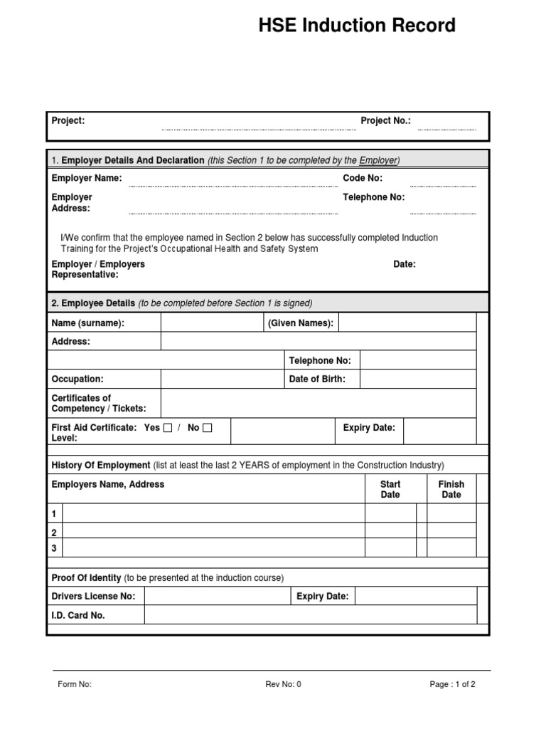 HSE Induction Record | Identity Document | Employment
