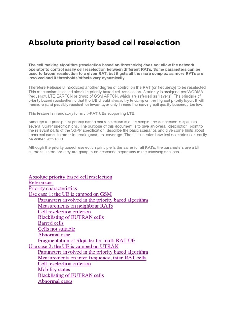 Absolute Priority Based Cell Reselection | PDF | Mobile ...