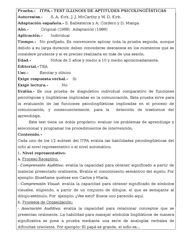 ITPA (Test Illinois Aptitudes Psicolingüísticas) | PDF | Memoria | Palabra