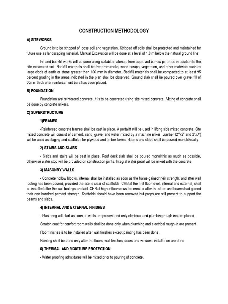 Construction Methodology: A) Siteworks | PDF | Wall | Concrete