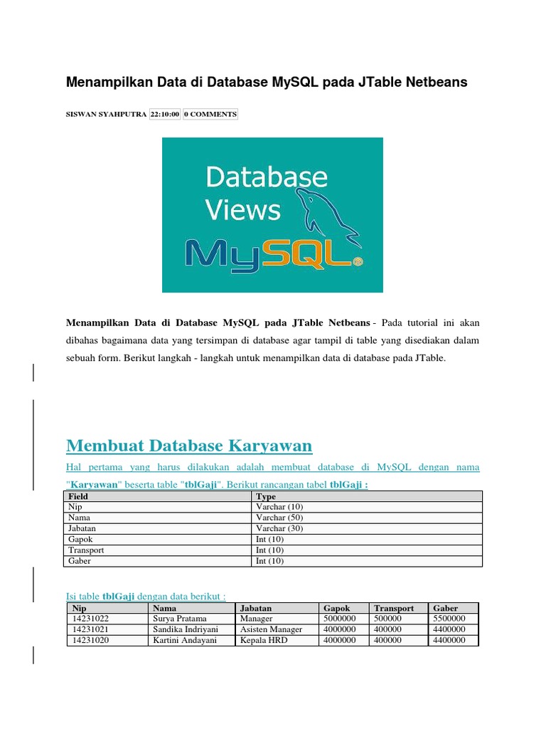 Menampilkan Data Di Database MySQL Pada JTable Netbeans | PDF