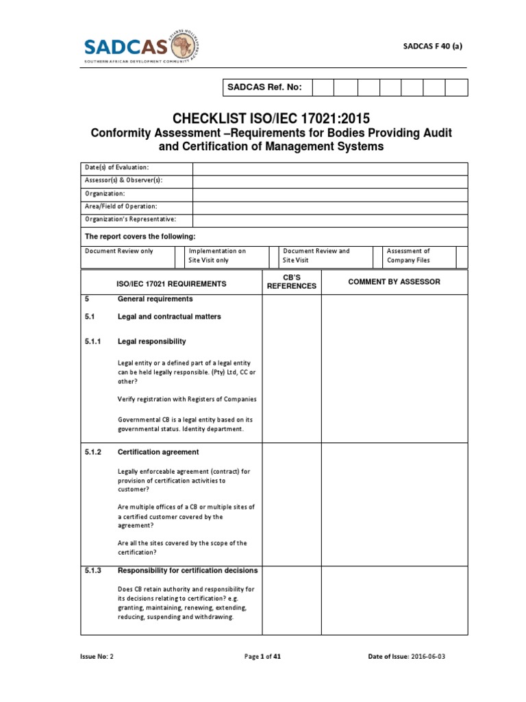 SADCAS F 40a - Checklist ISO IEC 17021-2015 Conformity Assessment - Requirements For Bodies ...