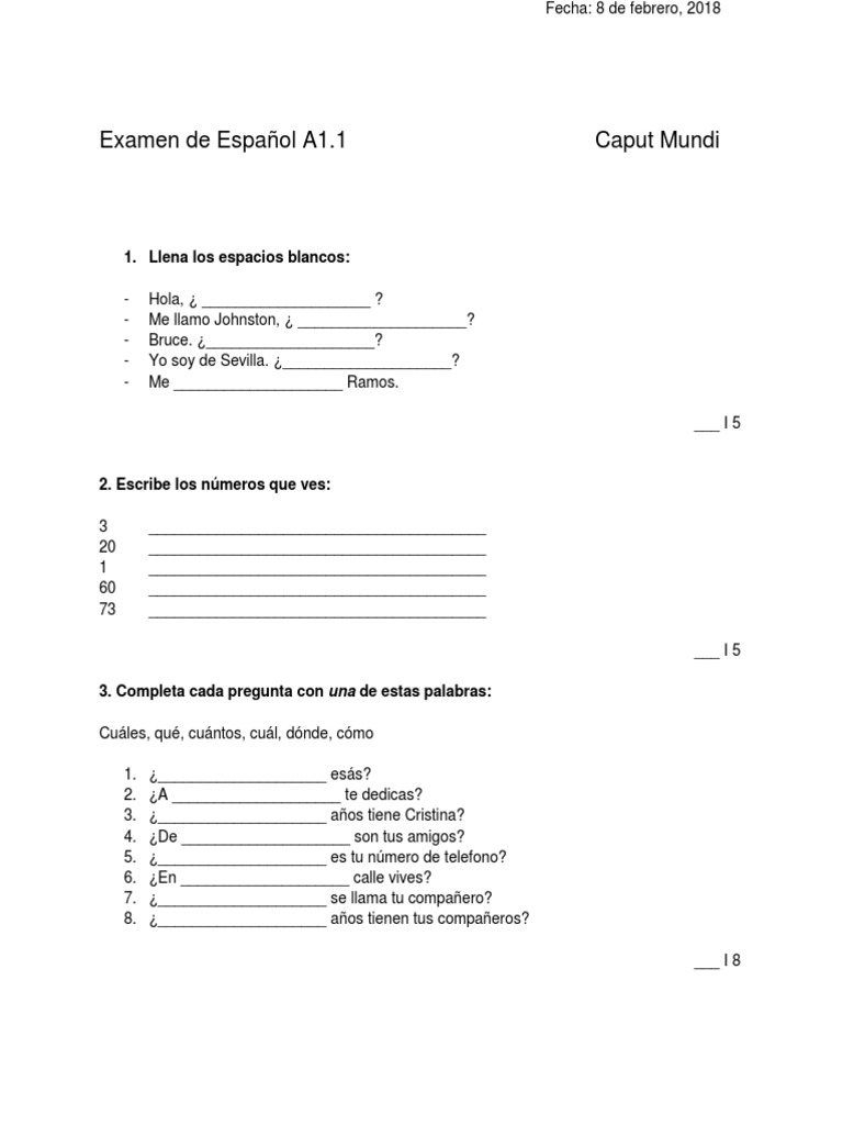 Examen de Español A1.1 | PDF