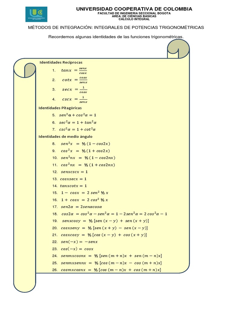 Guia Integración de Potencias TrigonomÉtricas | PDF | Integral | Funciones trigonométricas