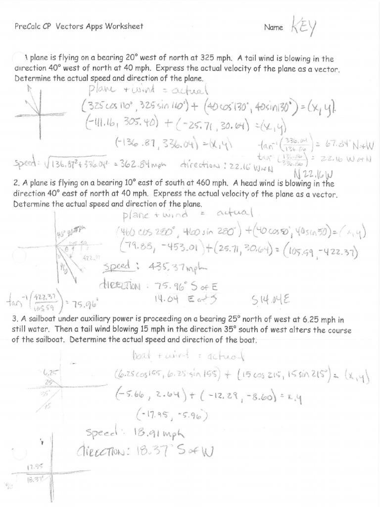 PreCalc CP Vector Apps Worksheets Answers | PDF