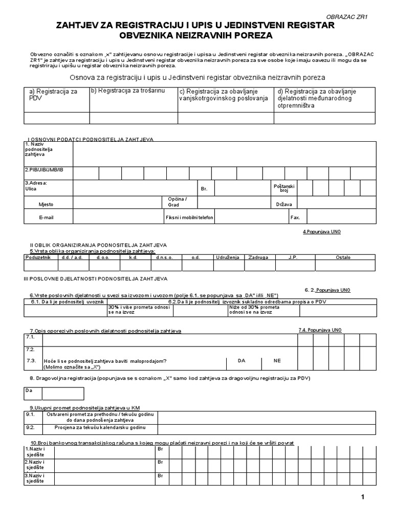 HR Zahtjev Za Registraciju I Upis U Jedinstveni Registar Obveznika ...
