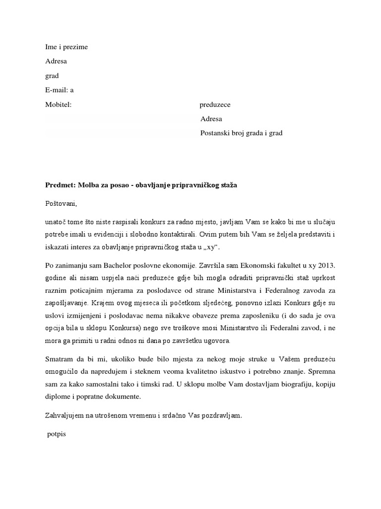 Primjer Molba Za Posao | PDF