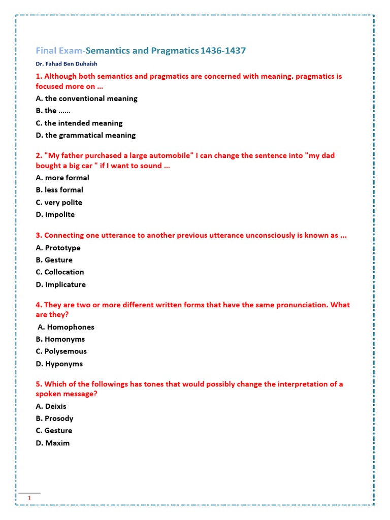 Final Exam (1) - Semantics and Pragmatics 1437 | PDF | Semantics ...