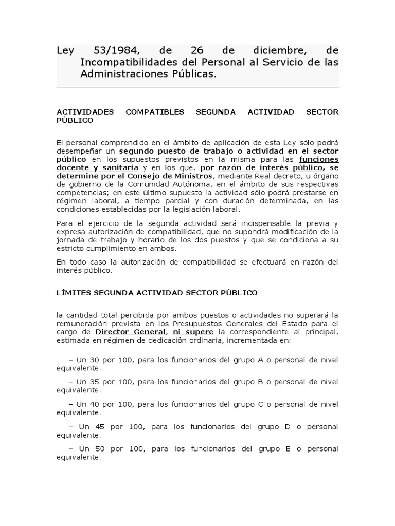 Ley 53/1984: Incompatibilidades Funcionarios | PDF | Servicio Civil ...
