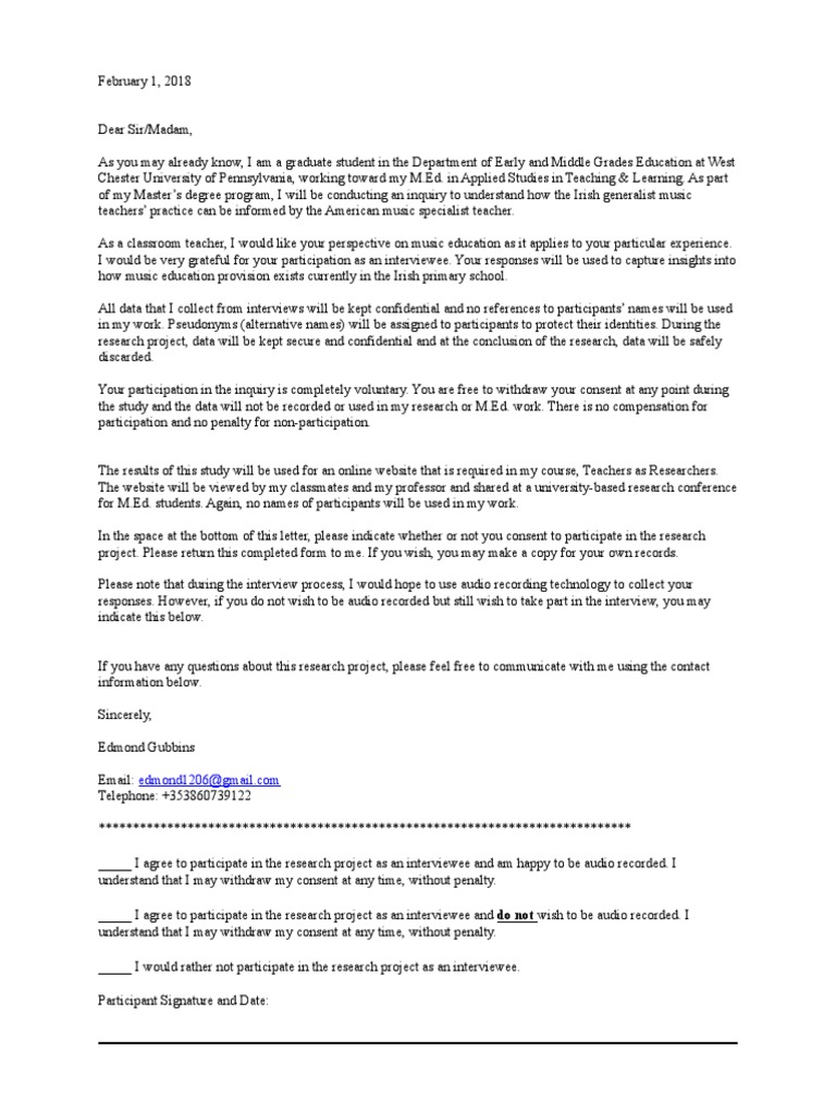 Irish Teacher Consent Letter | PDF | Music Education | Consent