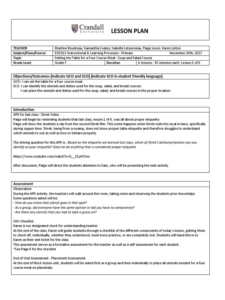 Four Course Meal Lesson Plan | PDF | Tableware | Educational Assessment