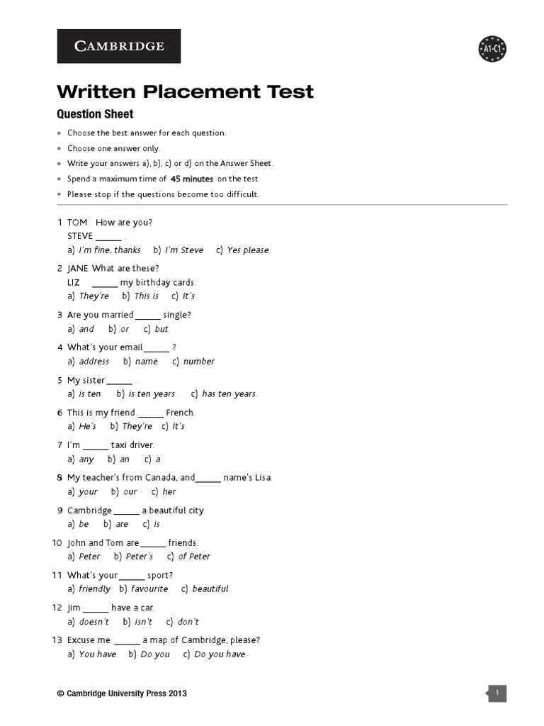 Written Placement Test Question Sheet | PDF