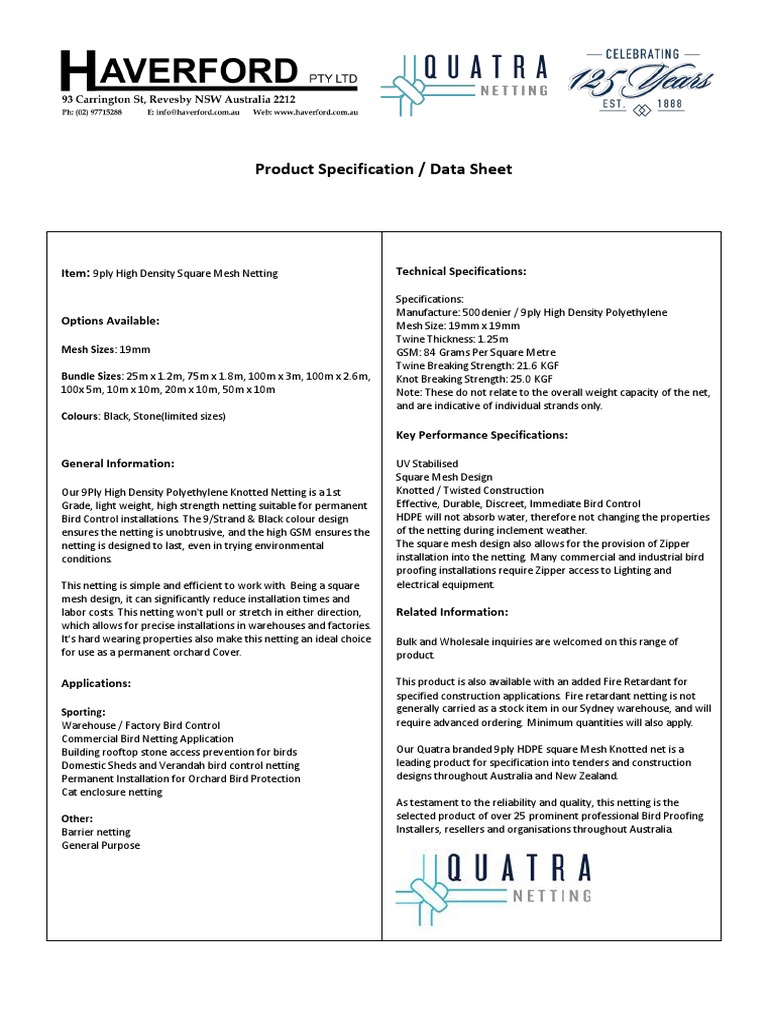 9ply HDPE Netting | PDF | Specification (Technical Standard) | Polyethylene