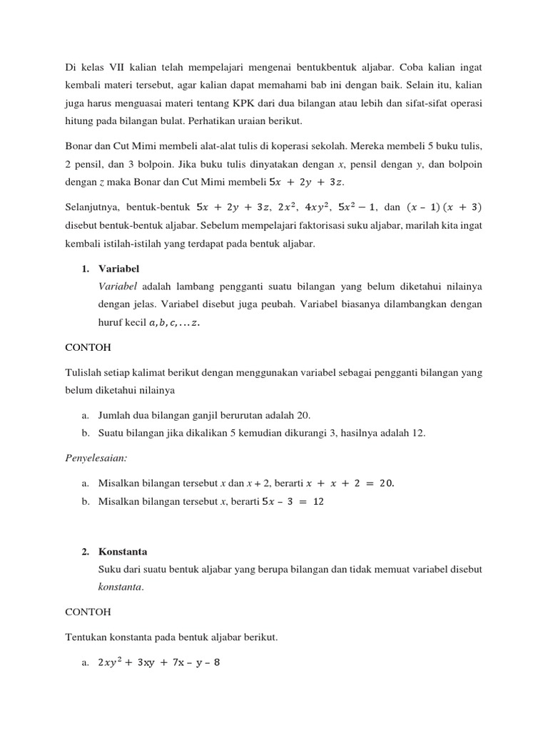 Konsep Aljabar: Variabel, Konstanta, Koefisien | PDF