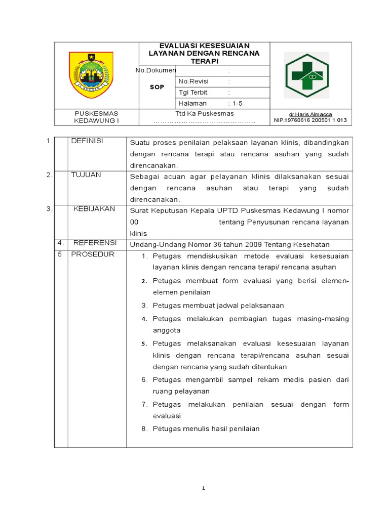 SOP Evaluasi Kesesuaian Layanan Klinis Dengan Rencana Terapi Atau Asuhan | PDF