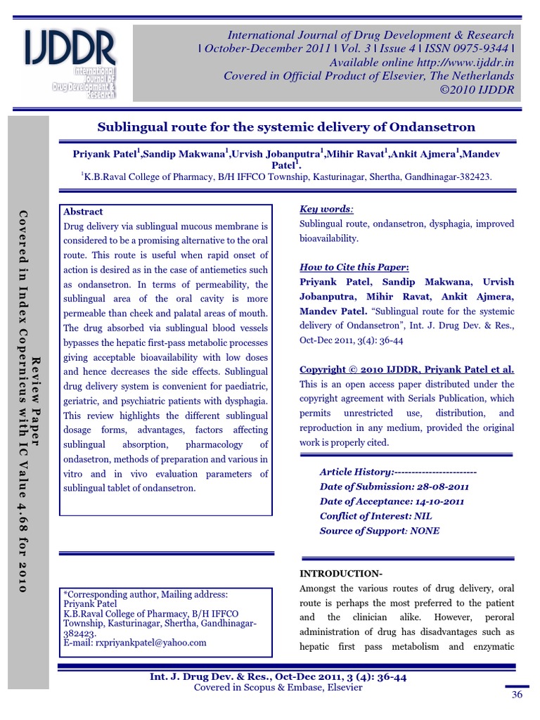Sublingual Route for the Systemic Delivery of Ondansetron | Tablet ...