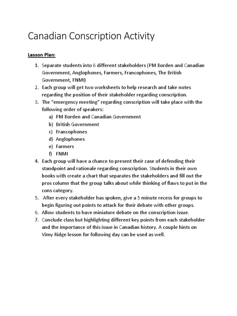 Canadian Conscription Role-Play Activity | PDF | Government | Armed ...