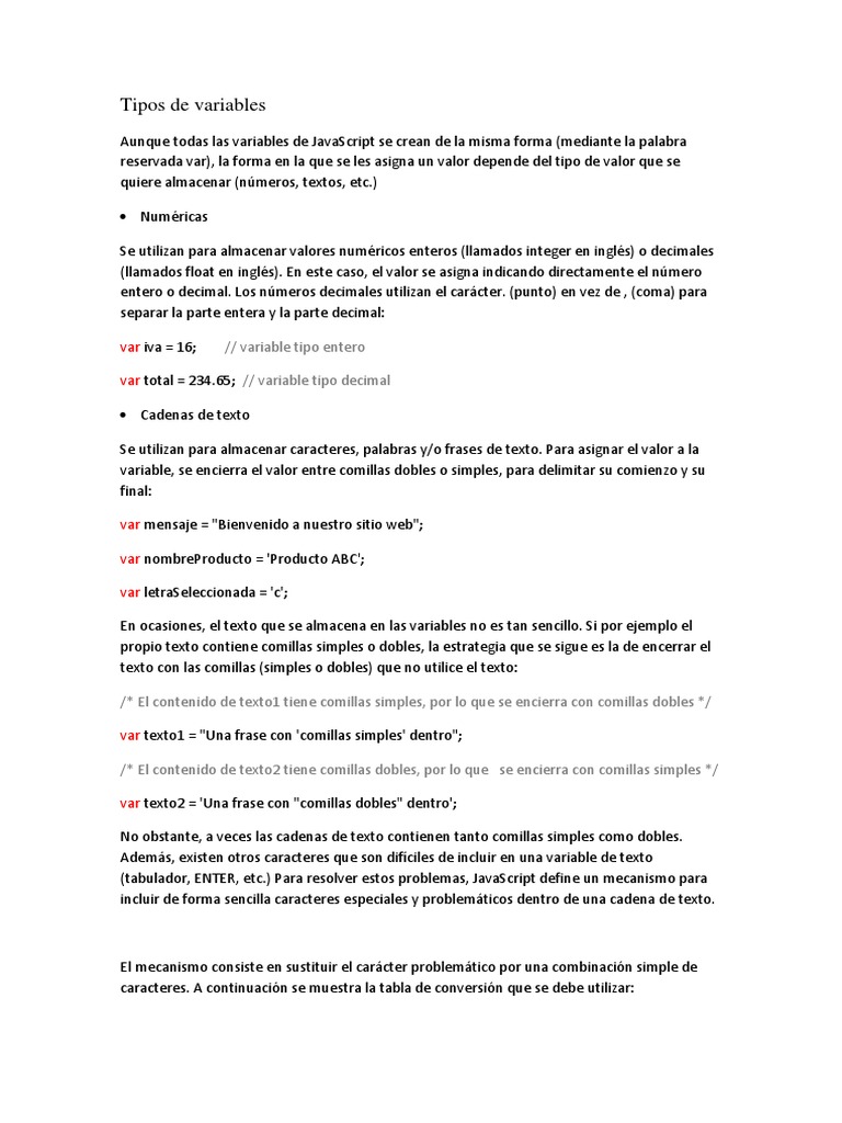 Tipos de Variables | PDF | Comillas | Variable (informática)