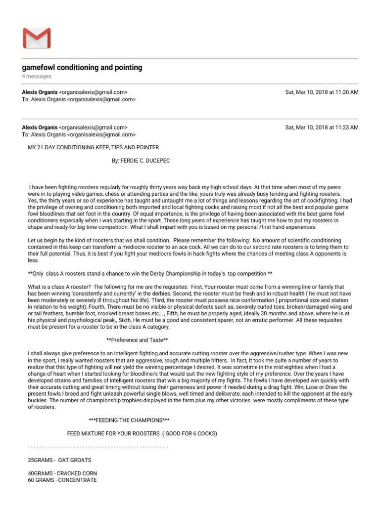 Gmail - Gamefowl Conditioning and Pointing PDF | PDF | Oat | Rooster