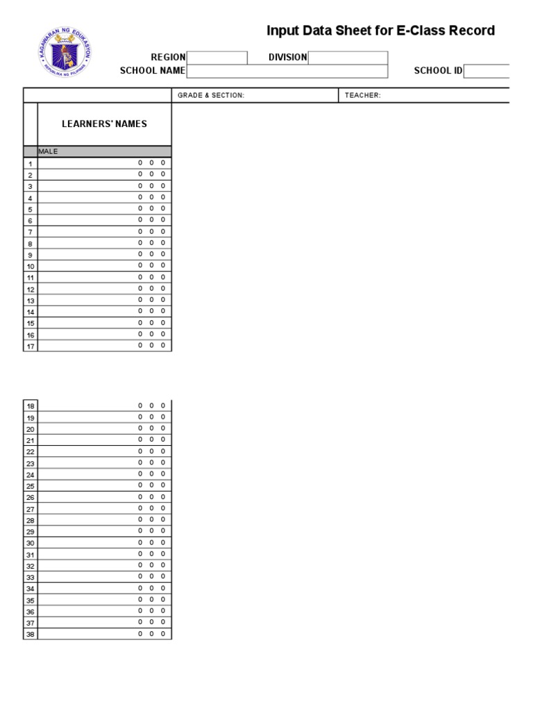 E-Class Record Input Sheet | PDF | Educational Assessment And Evaluation | Pedagogy