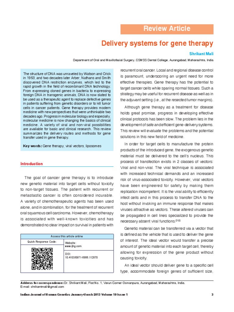 Delivery Systems For Gene Therapy: Review Article | PDF | Viral Vector ...