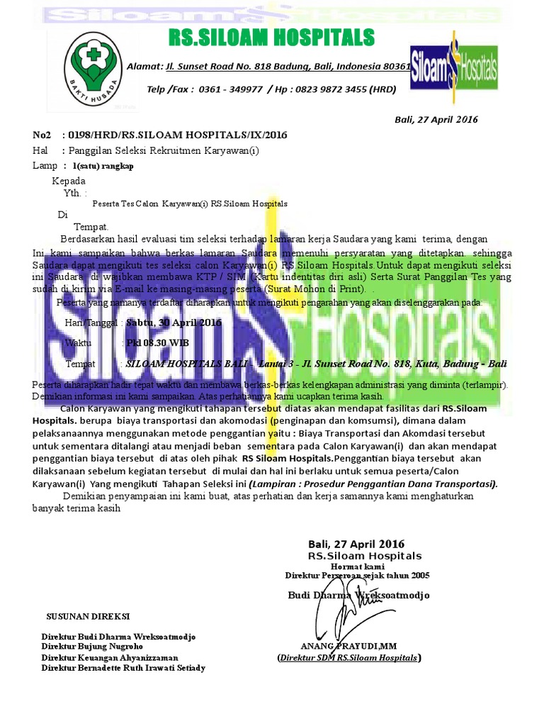 Surat Panggilan Seleksi & Interview Calon Karyawan RS. Siloam Hospitals ...