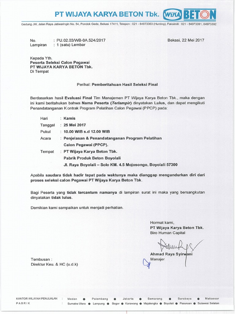 Surat Pemberitahuan Hasil Evaluasi Final PDF | PDF