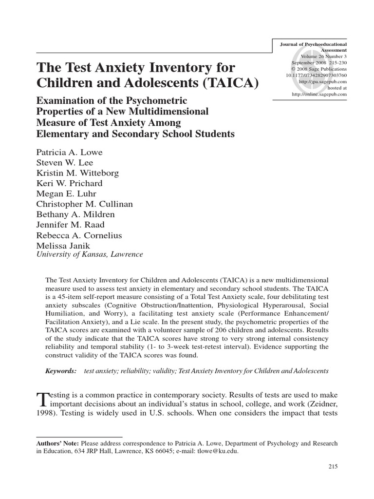The Test Anxiety Inventory For Children and Adolescents (TAICA) | PDF ...